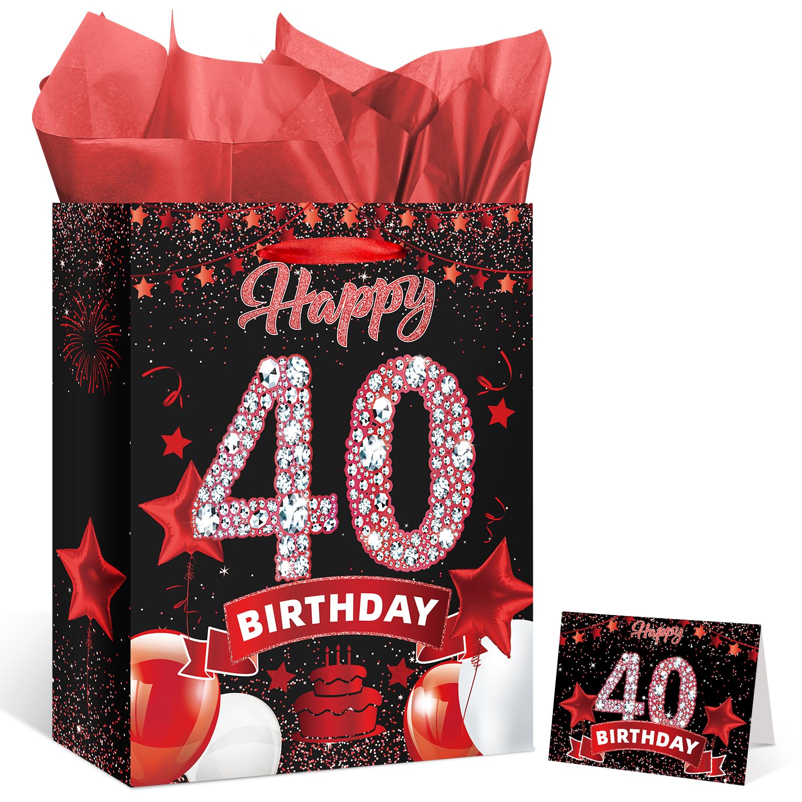 Amazon.com: Red Black 40th Birthday Gift Bag with Happy 40th Birthday ...