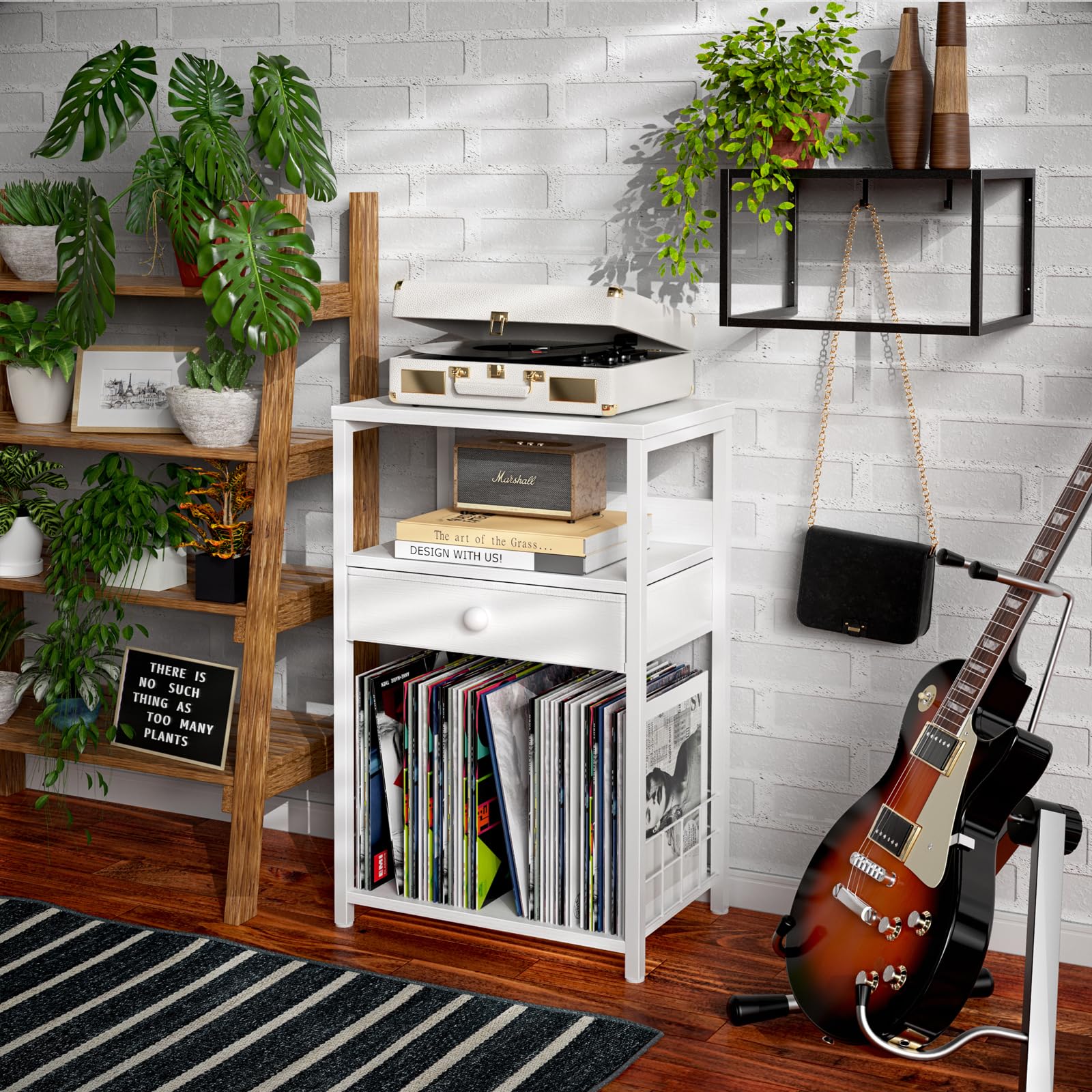 BOLUO White Record Player Stand with Vinyl Storage,Turntable Stand with ...