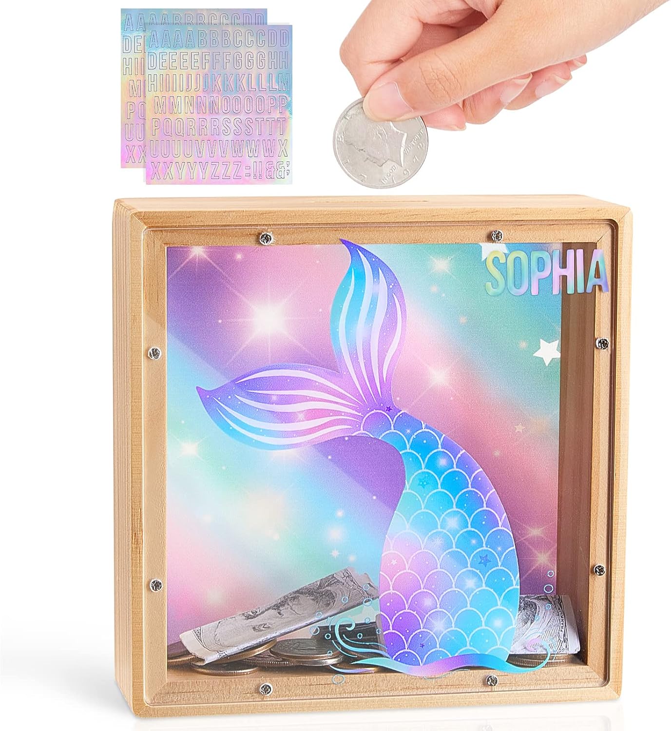 Amazon.com : Piggy Bank Girls Kids Wooden Piggy Bank Mermaid Coin Bank ...