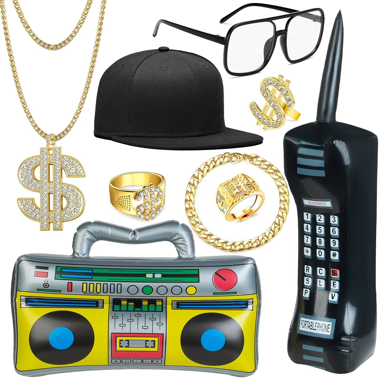 Amazon.com: RIOSO 80s 90s Hip Hop Costume Outfit Kit Gold Money Sign ...