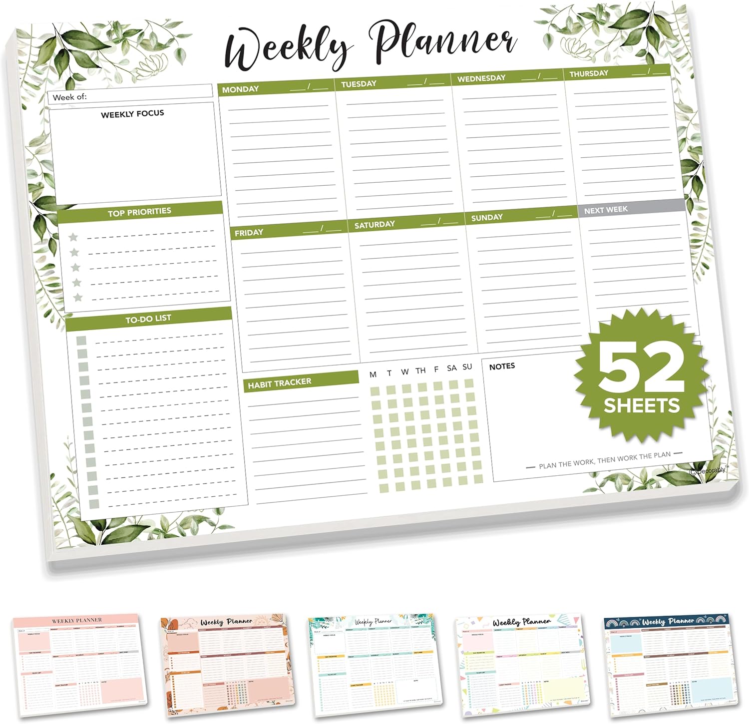 Amazon.com : Decorably 52 Sheets Forest Green Undated Weekly Planner ...