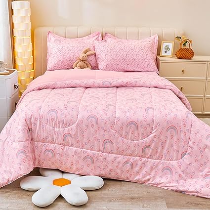 Amazon.com: Viviland Twin Pink Rainbow Comforter Set for Girls, Kids ...