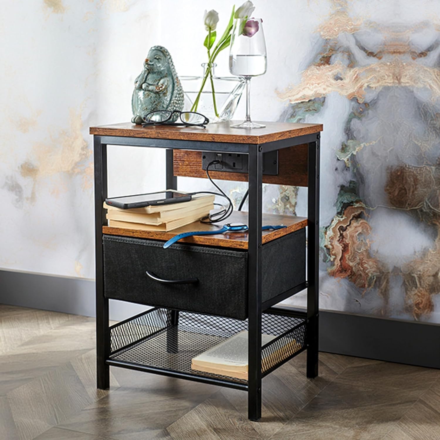 ELDA HOME Bedside Table With USB Type-C Port and USB-A Port, Single ...