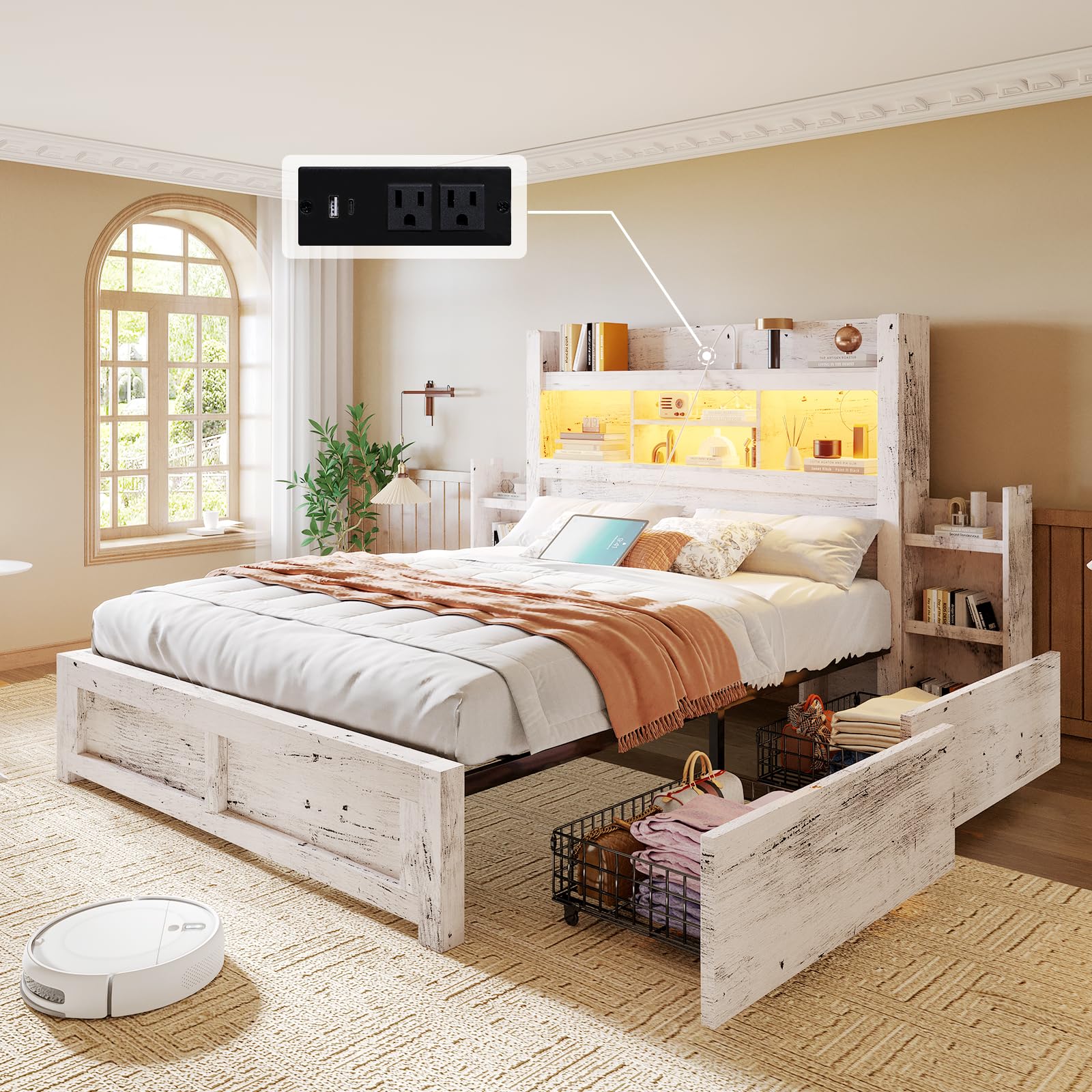 Amazon.com: LUXOAK Queen Bed Frame with 49.6" Bookcase Headboard & 4 ...