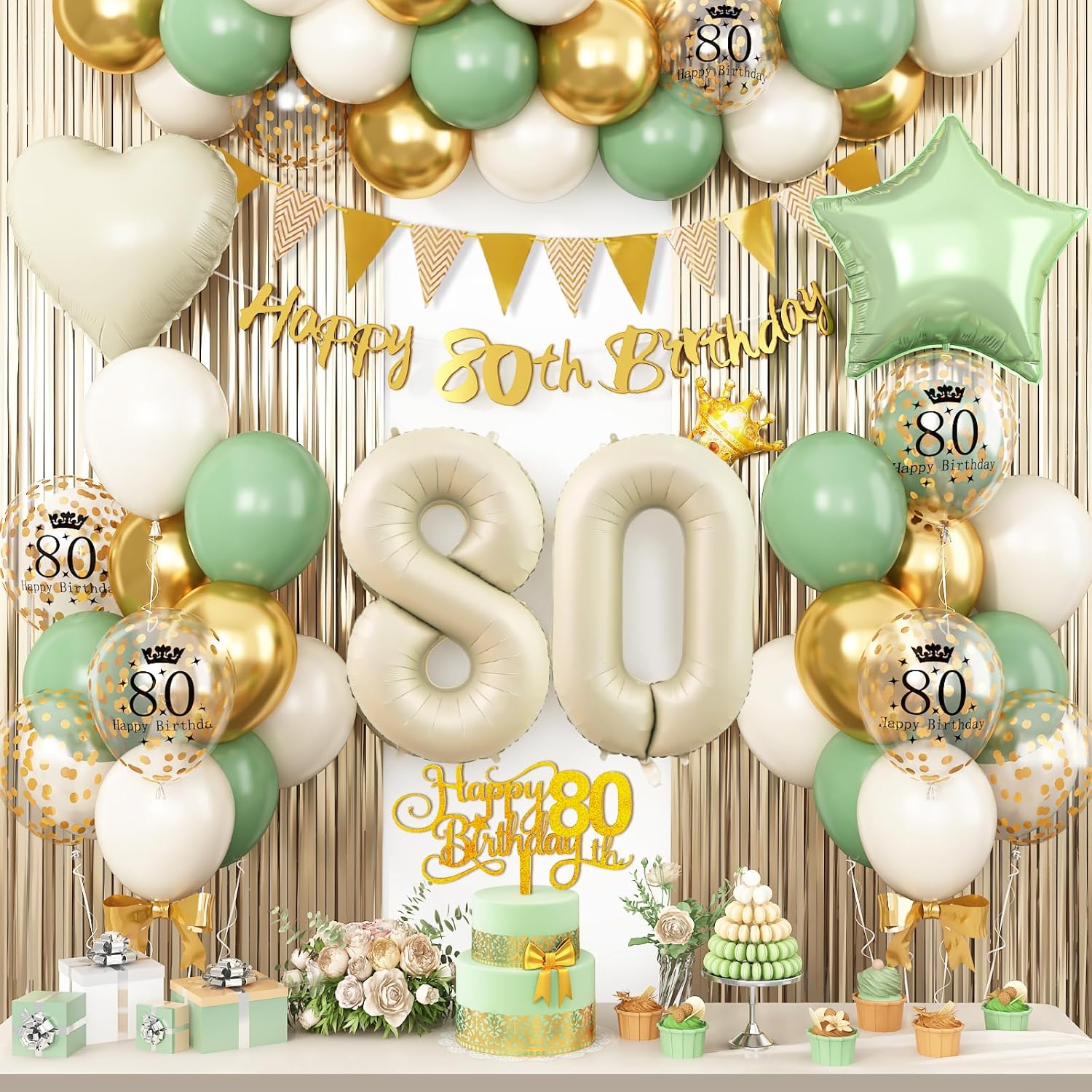 Amazon.com: 80th Birthday Decorations for Woman,Sage Green Gold Happy ...