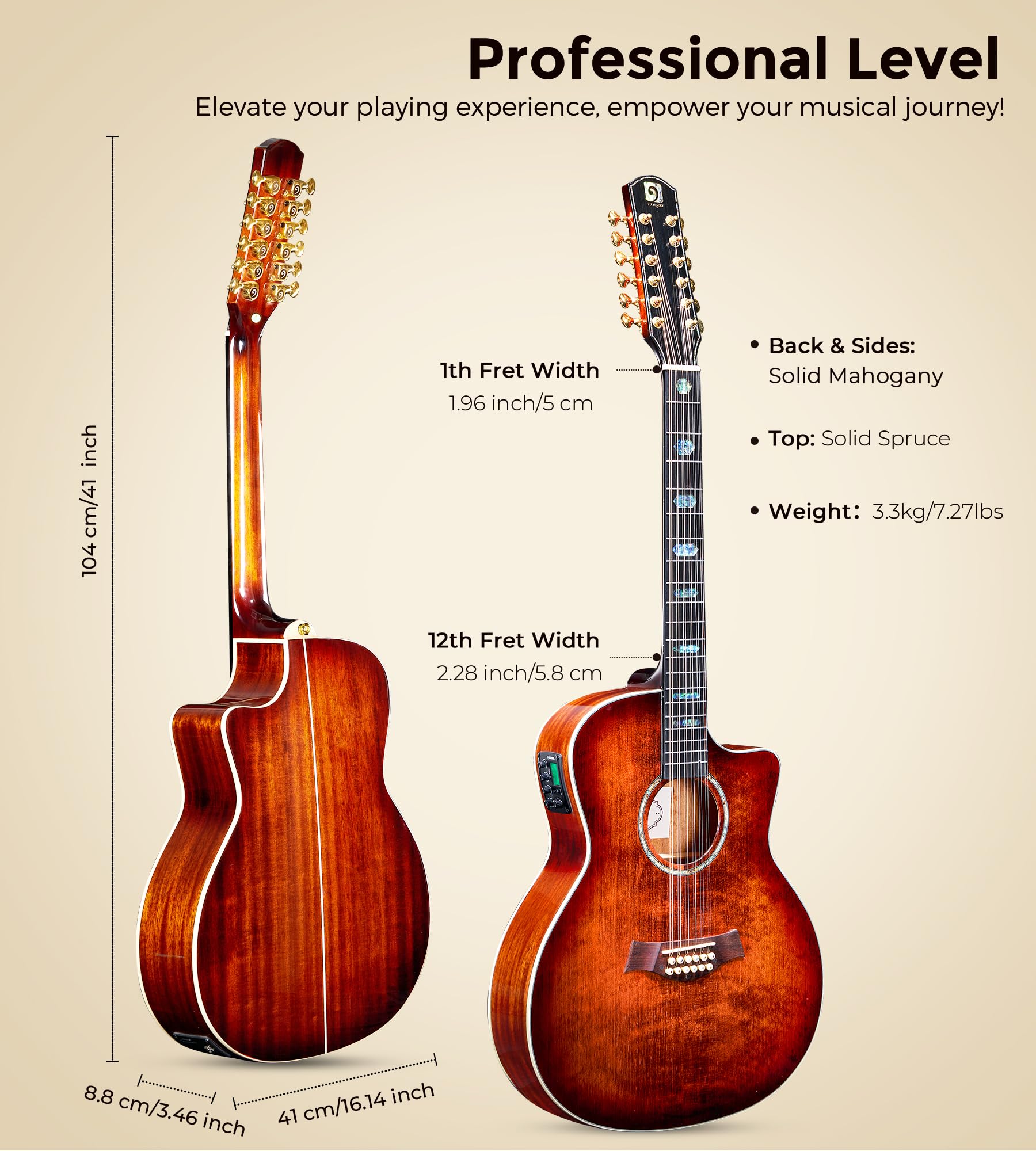 Vangoa 12 String Guitar Solid Wood, Twelve String Acoustic Electric ...