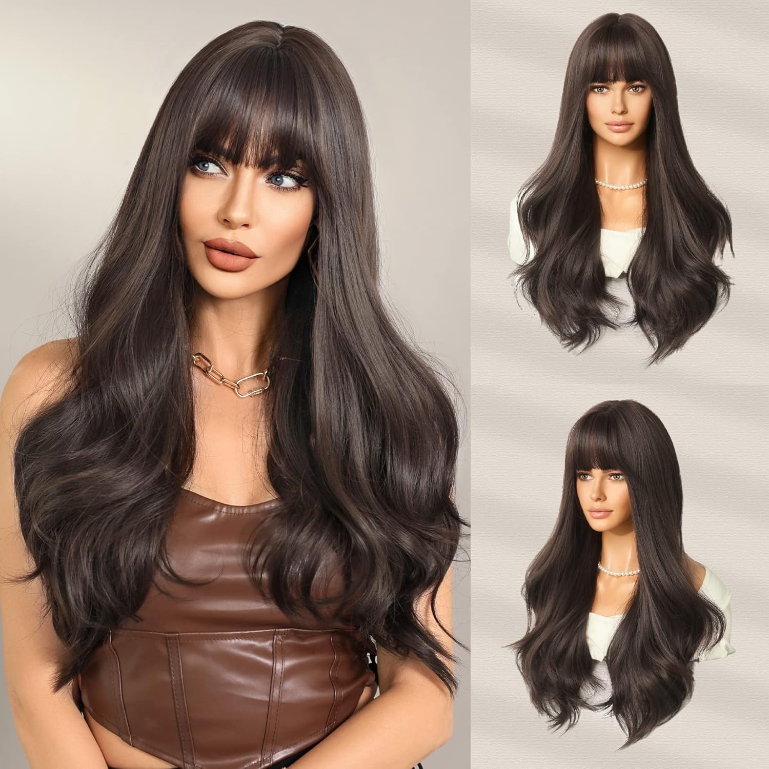 Amazon.com : 7JHH WIGS Long Black Wavy Wigs with Bangs 26in Curly ...