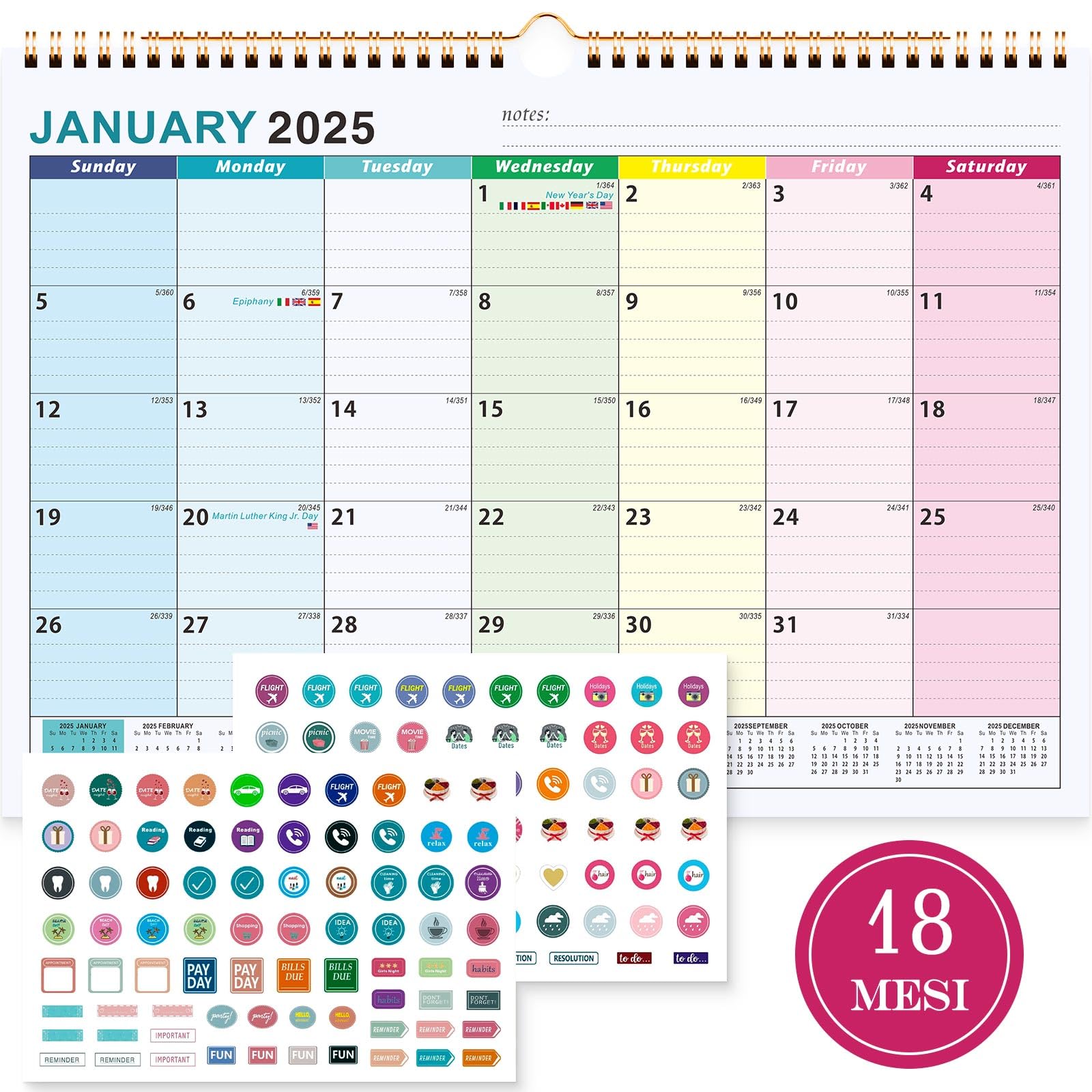 Benjia Calendario da muro tavolo 18 Mesi, A4 calendari Gen. 2025 a Giu ...