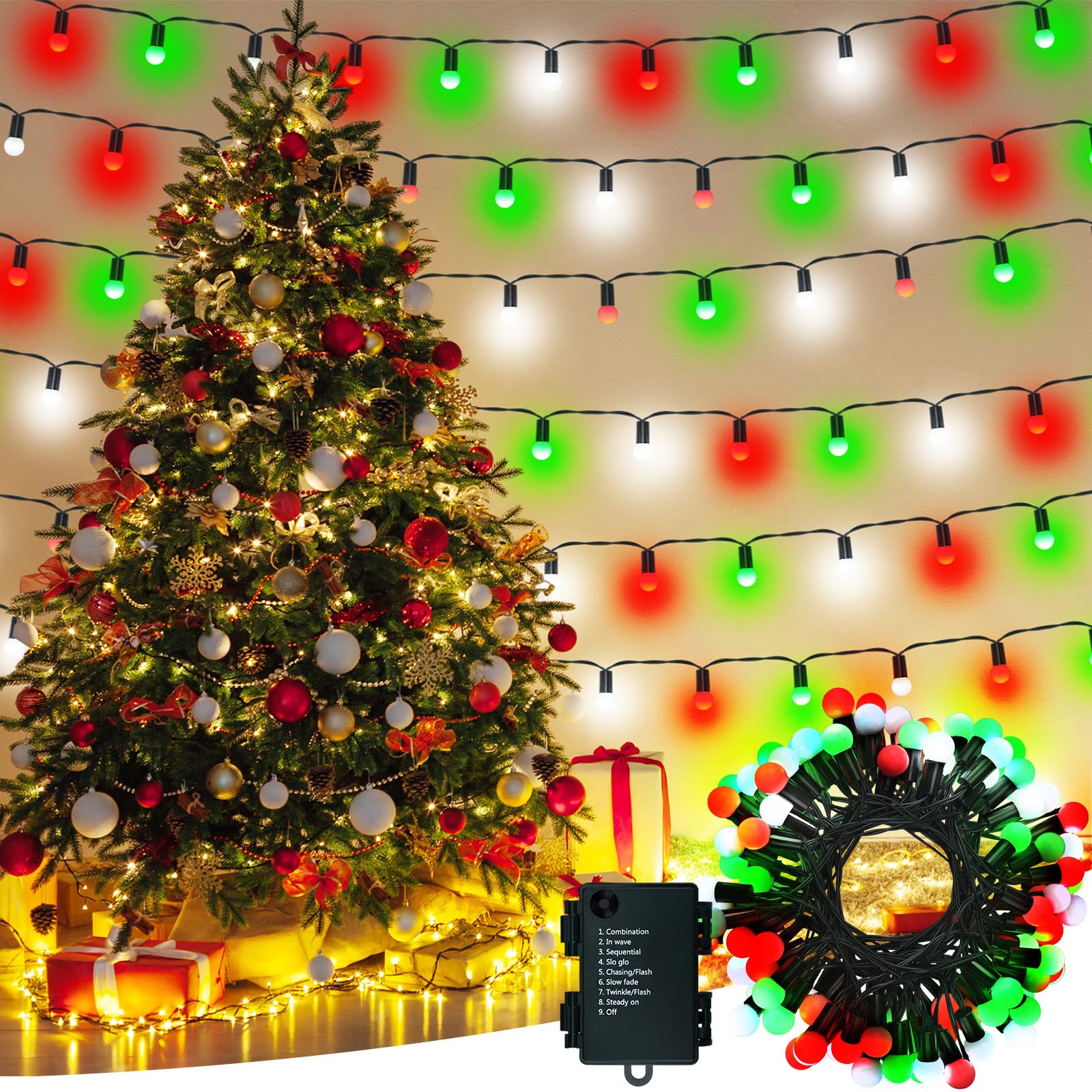 Amazon.com: Glooglitter 2 Pack Red White and Green Christmas Lights 100 ...