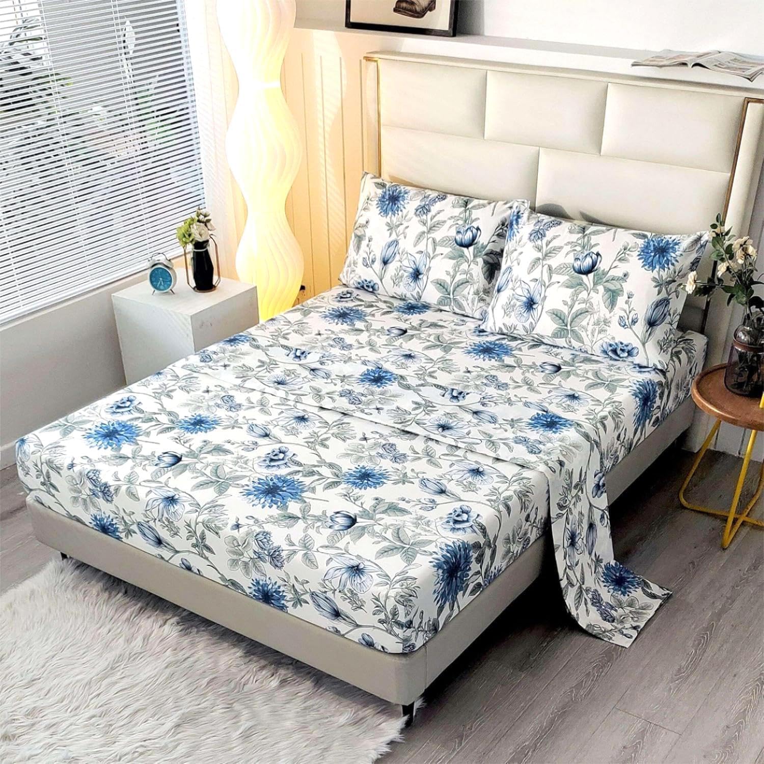 Amazon.com: SDIII 4PCS Blue Floral Sheets Set Queen, Soft Microfiber ...