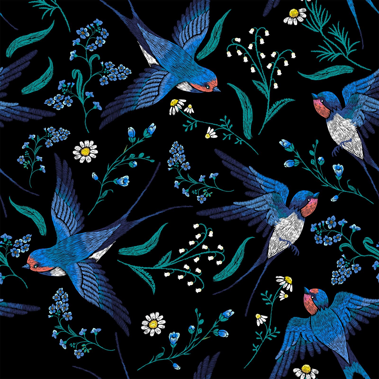 VaryFloral Bird Floral Wallpaper Blue Swallow Botanical Flower Black ...