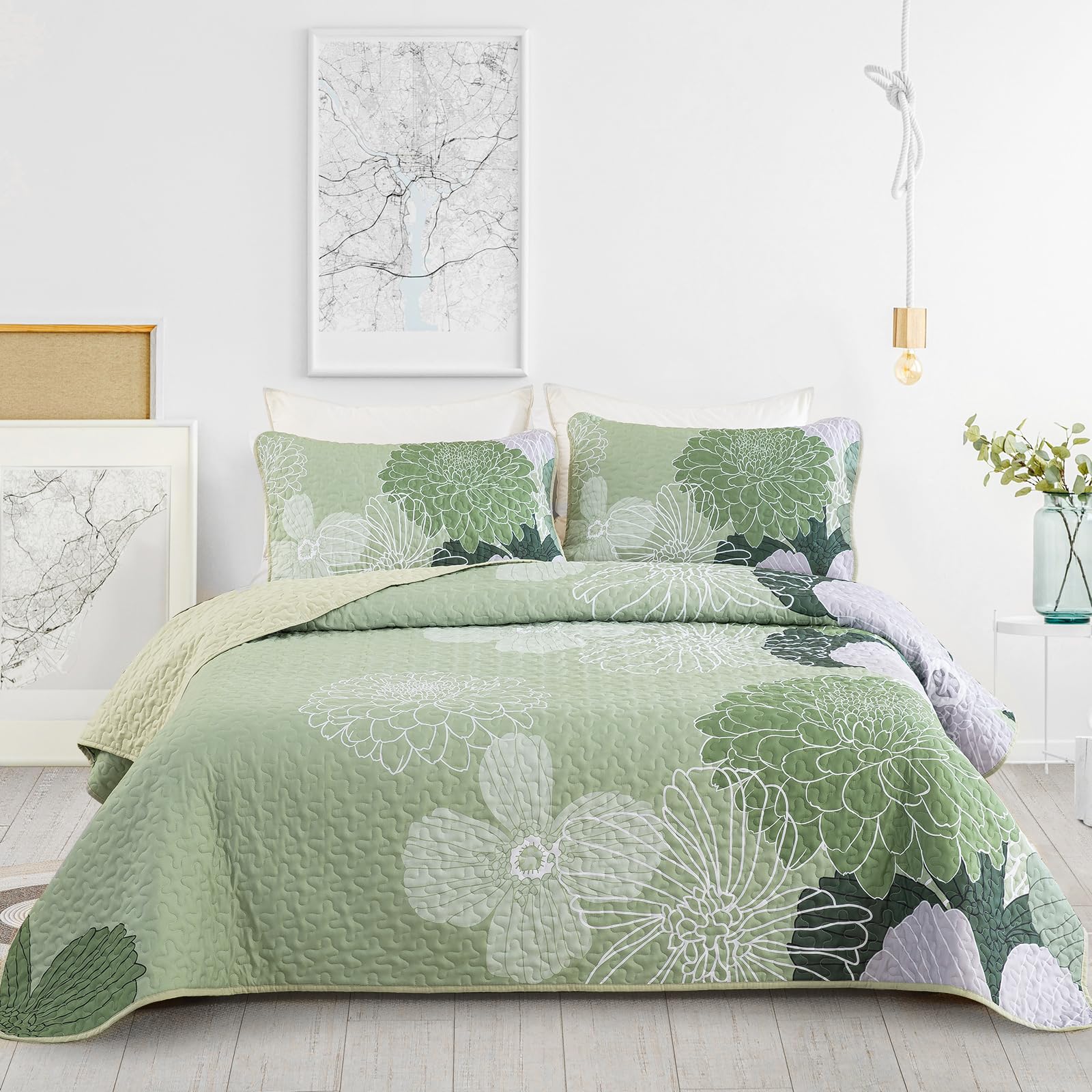 Amazon.com: Yiran Floral Quilt Set Queen Green Botanical Bedding ...