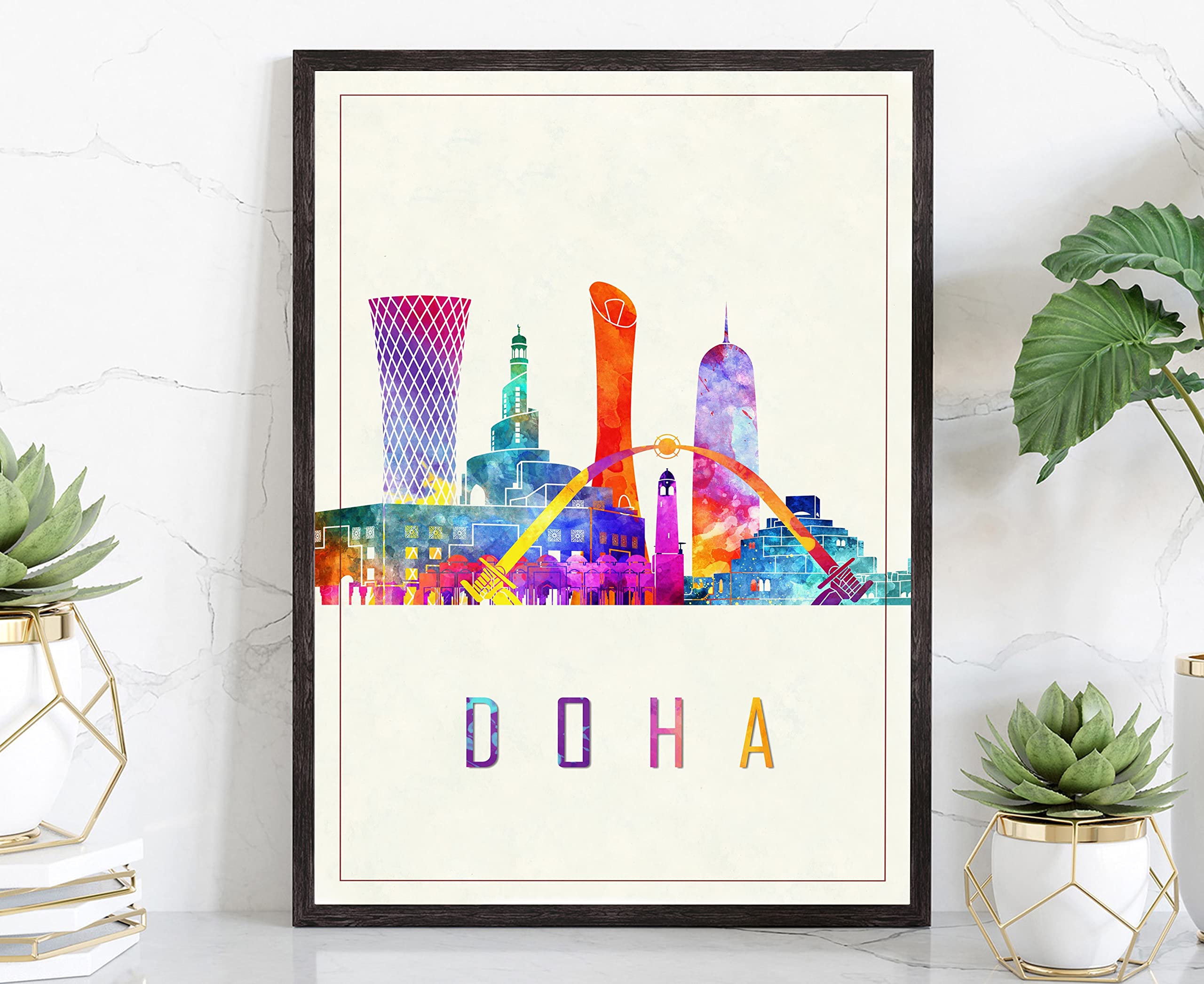Buy Modern Illustration World Cities , Doha Landmarks Watercolor ...