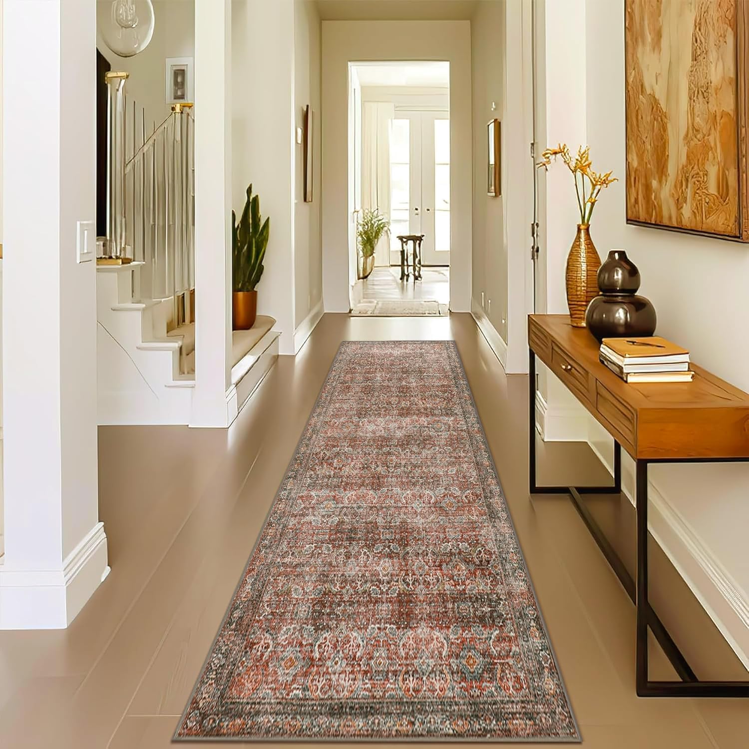 Bavni Runner Rug 2x8 Machine Washable Boho Vintage Distressed Print ...