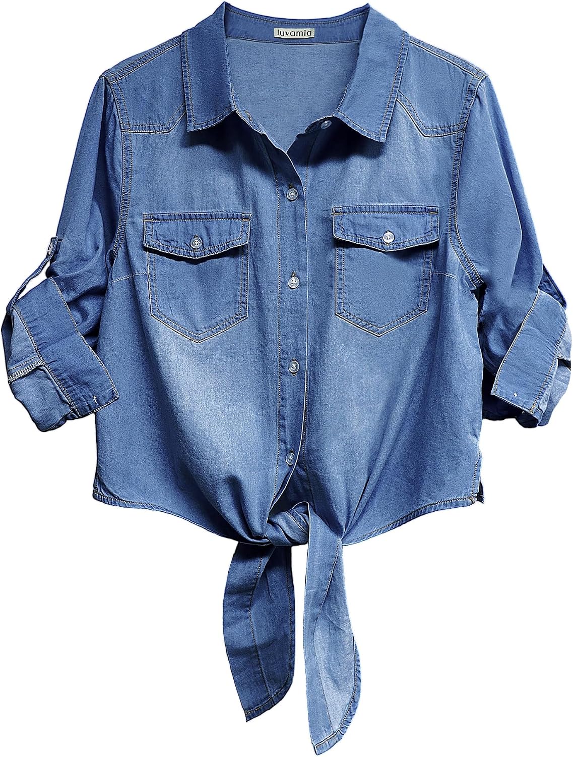 luvamia Denim Tops for Women Trendy Button Down Denim Shirt Tie Front ...