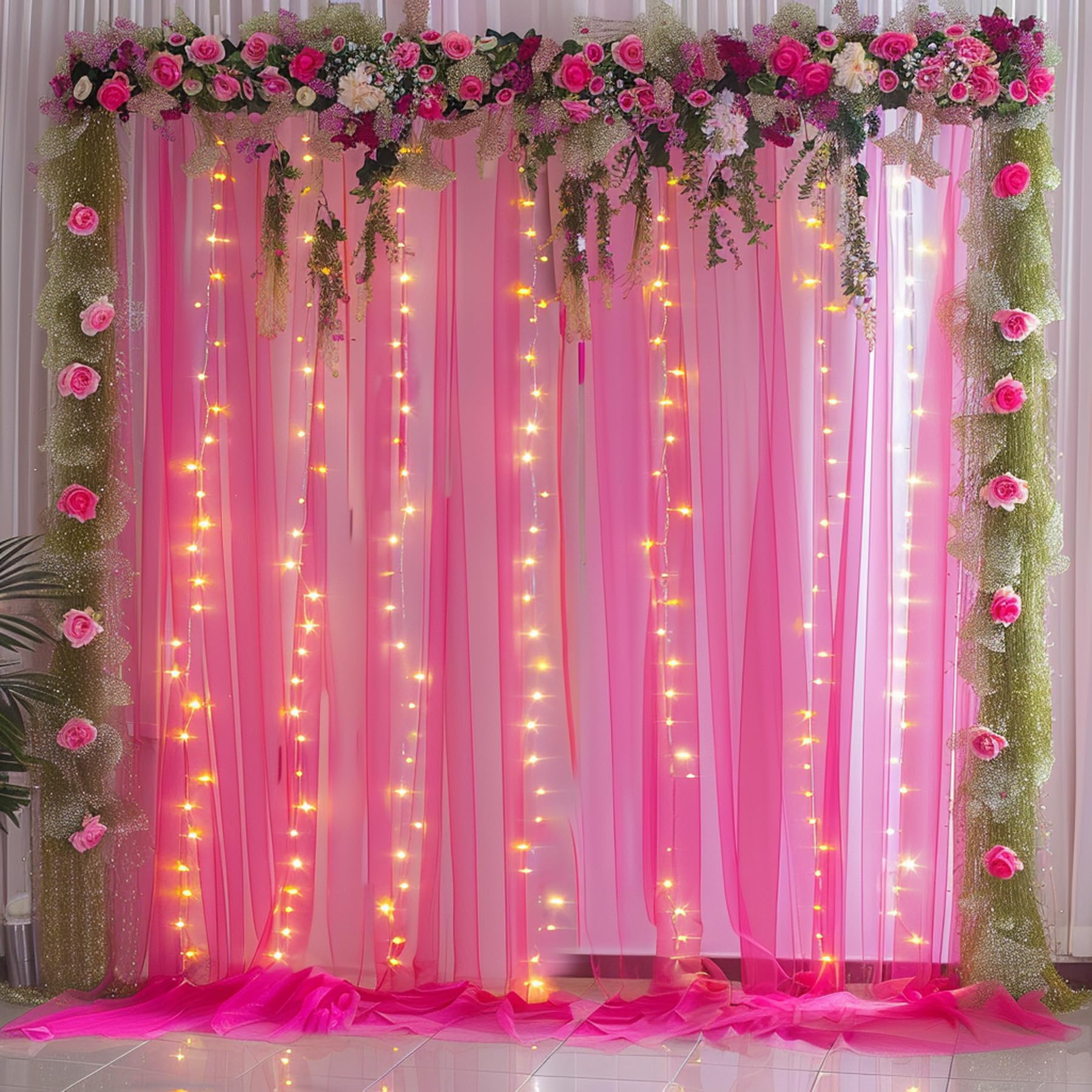 Amazon.com: 10x10ft Hot Pink Tulle Backdrop Curtain with Lights String ...