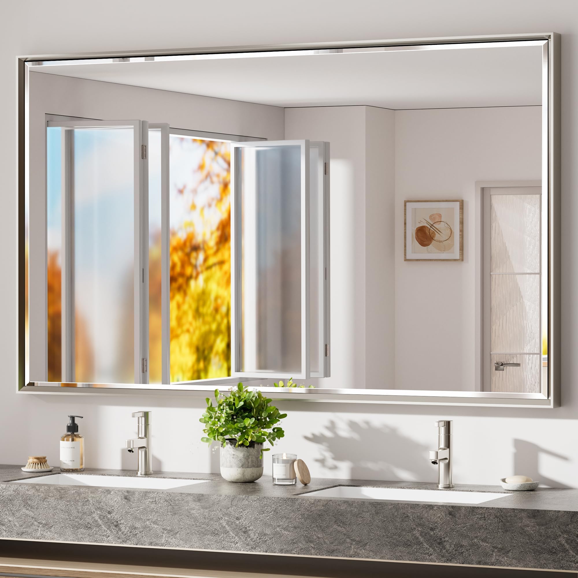 Amazon.com: QueenFun 60 x 36 Brushed Nickel Bathroom Mirror, Beveled ...