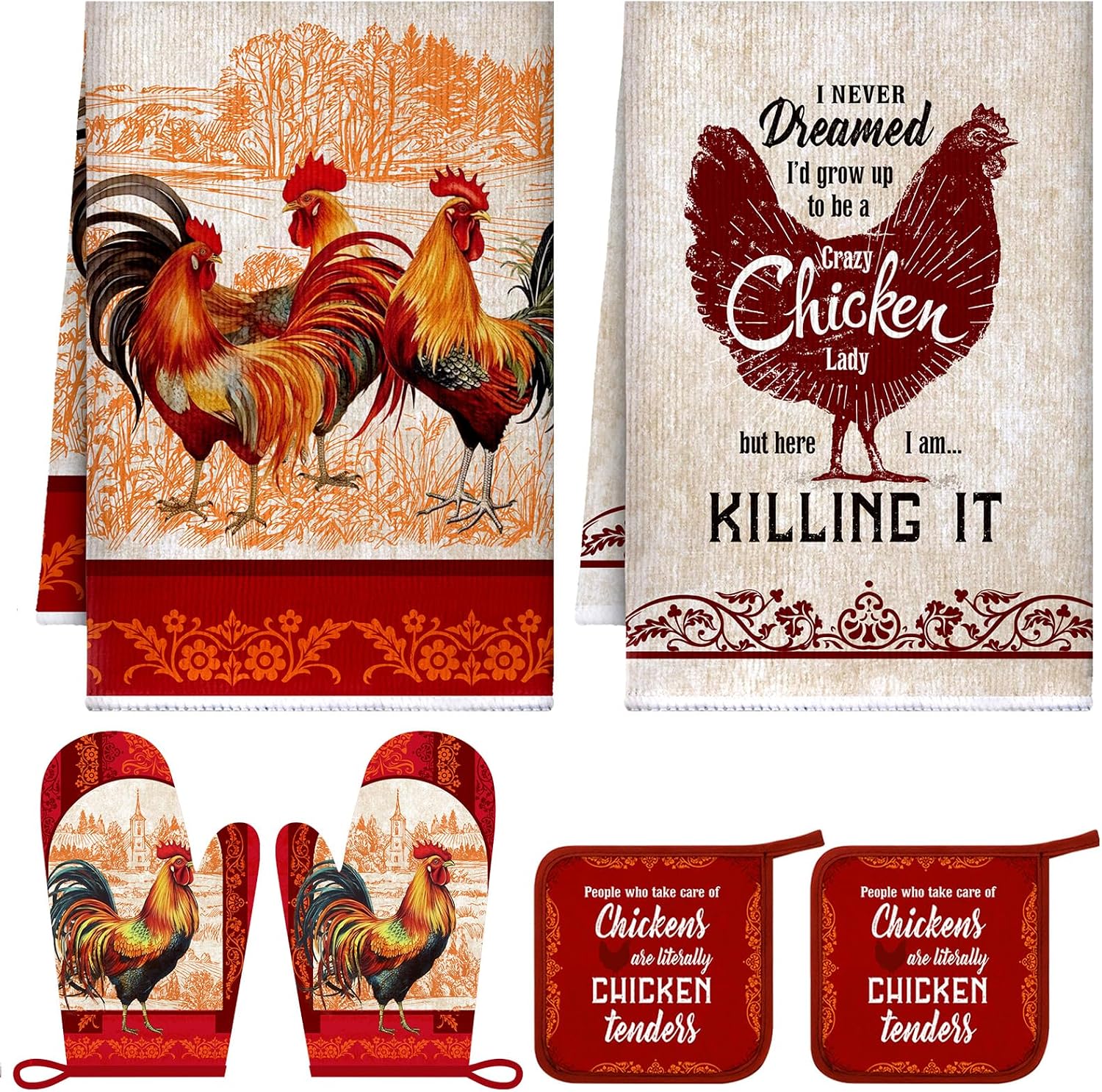 Amazon.com: Leinuosen 6 Christmas Red Rooster Farmhouse Kitchen Decor ...