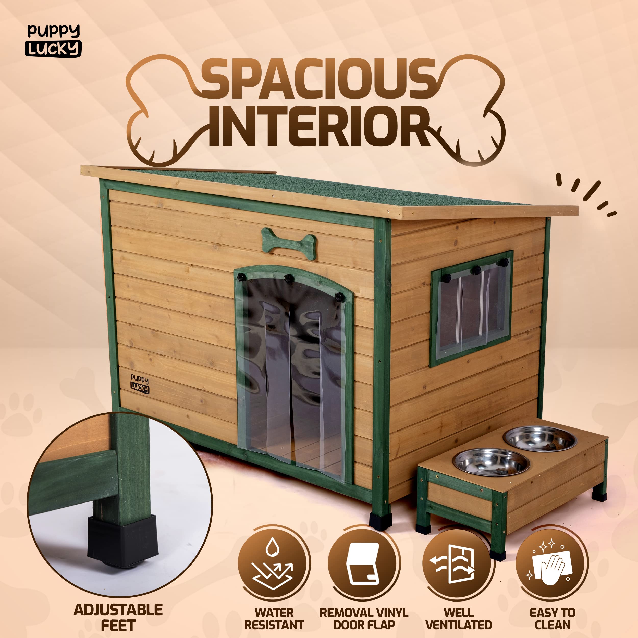 PUPPYLUCKY Wooden Dog House Outdoor | Weatherproof Outdoor Dog House | Insulated Dog House with ...