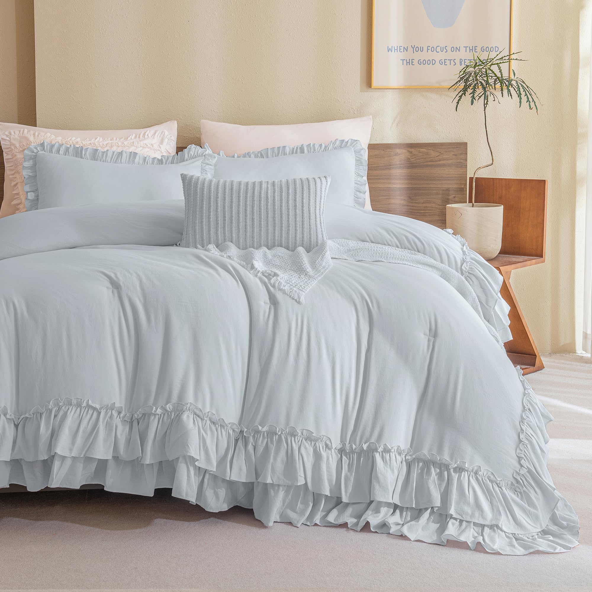 Amazon.com: Queen's House Light Blue Farmhouse Ruffled King Size ...