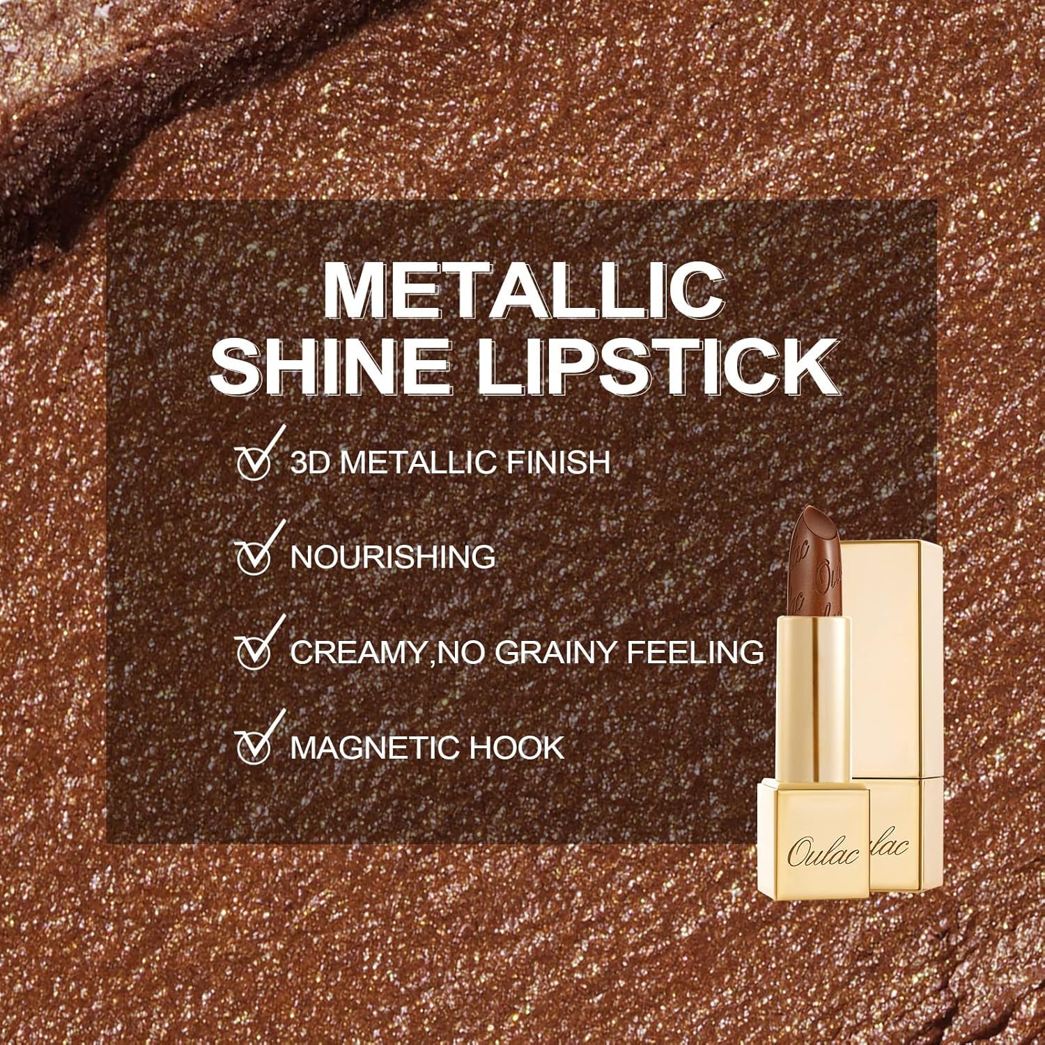 Oulac Lápiz labial marrón oscuro para mujer con brillo metálico 3D ...