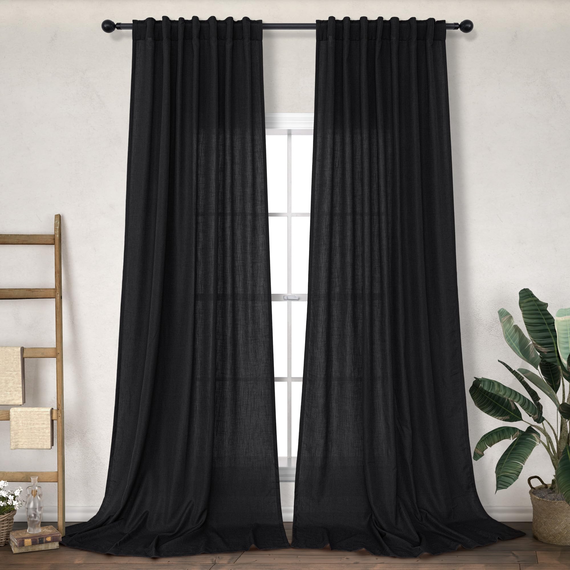 Amazon.com: Black Linen Curtains for Bedroom Living Room 84 Inch Length ...