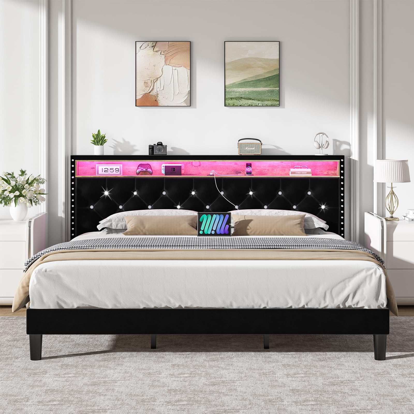 Amazon.com: HOMBCK King Size Bed Frame with Led Lights, Led Bed Frame ...