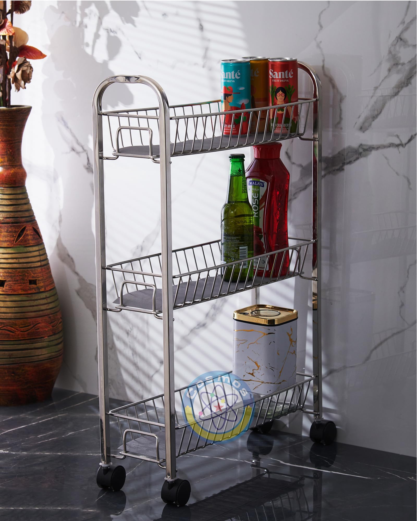 Cosmos Stainless Steel 3 Tier Slim Kitchen Organizer Trolley with Anti ...