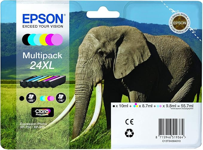 Epson 24XL Elephant High Yield Genuine Multipack, 6-colours Claria ...