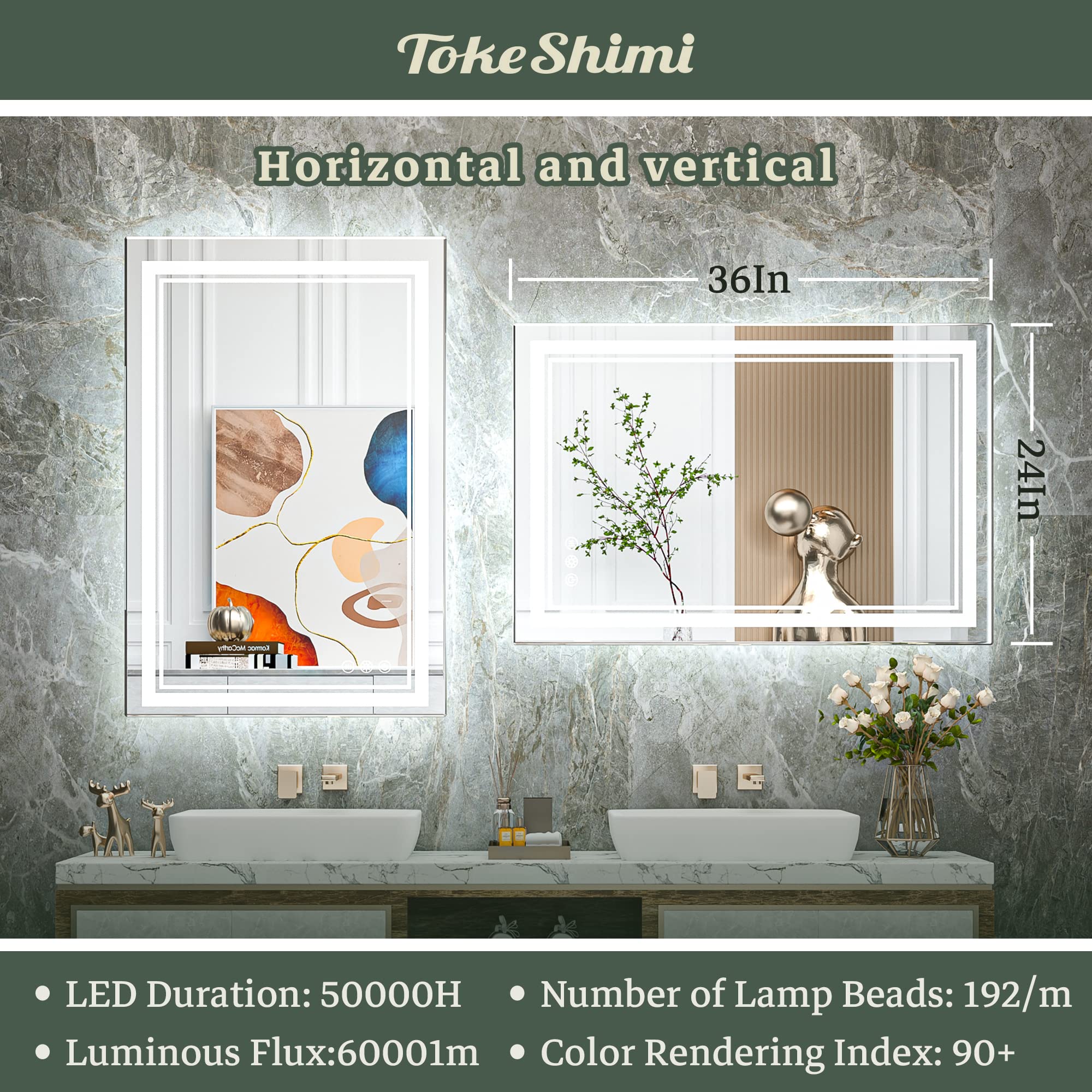 TokeShimi 24x36 Inch Bathroom LED Mirror Front Lighted Backlit Vanity ...