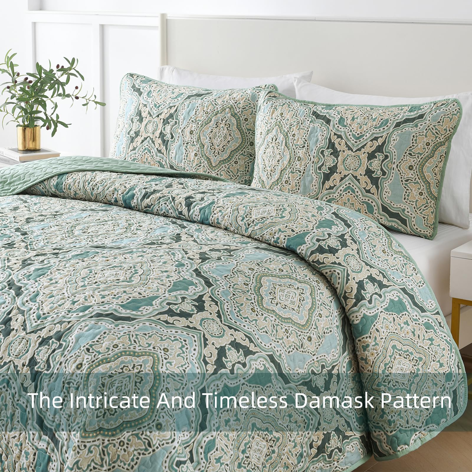 Dobuyly Green Quilt Set Queen Size Boho Damask Bedspread Bedding Sets ...