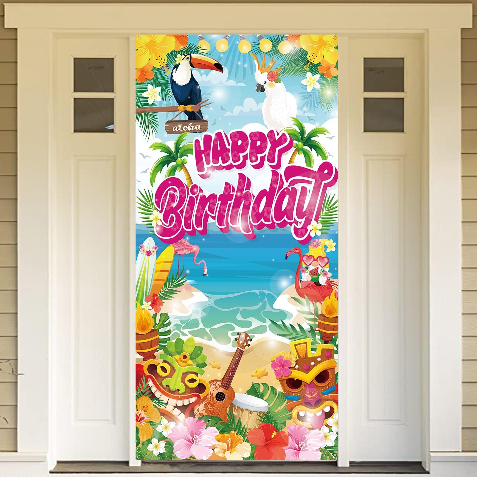 Amazon.com: HOWAF Hawaiian Birthday Door Banner Aloha Luau Party ...