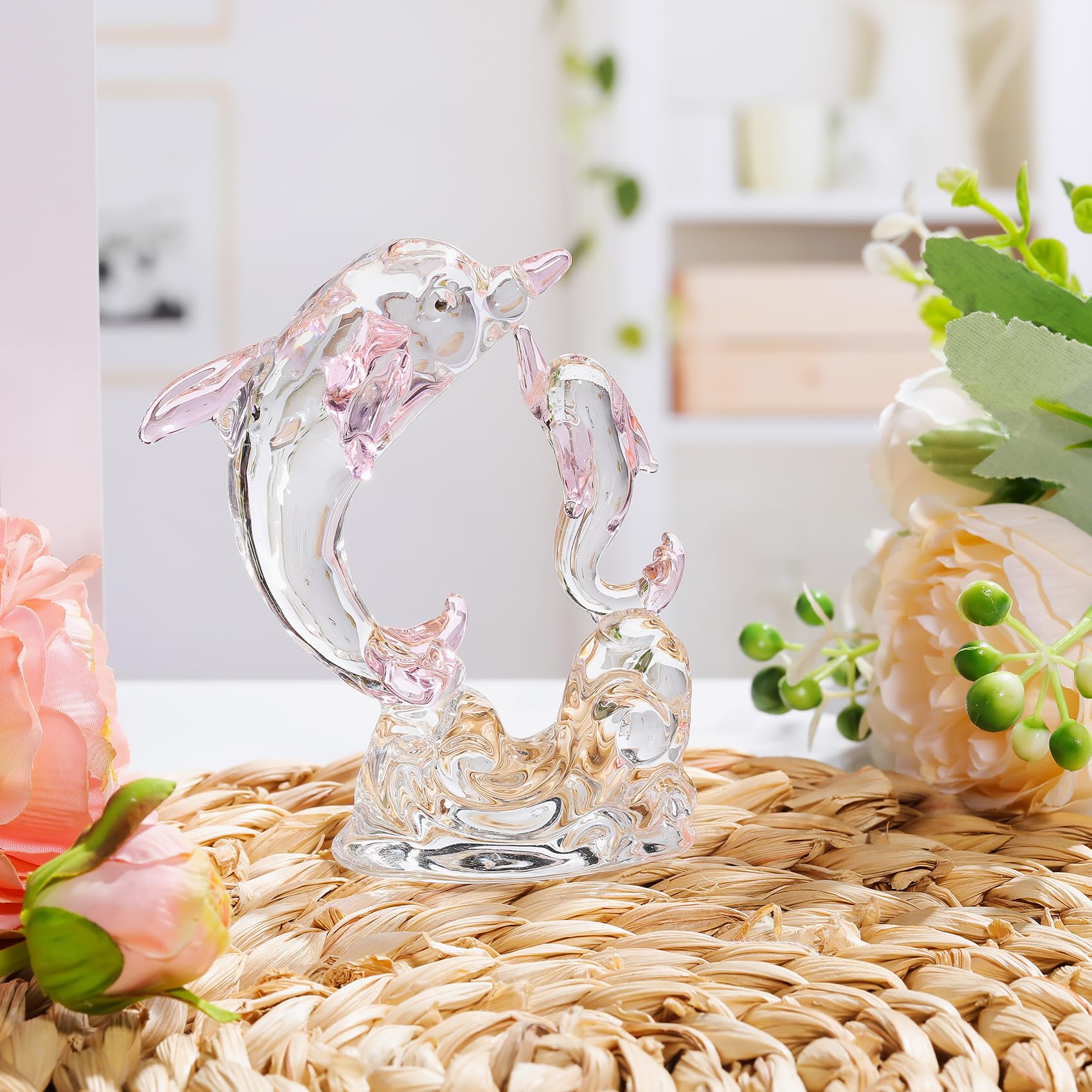Glass Double Dolphin Collectible Figurine, Glass Pink Dolphin Sea ...