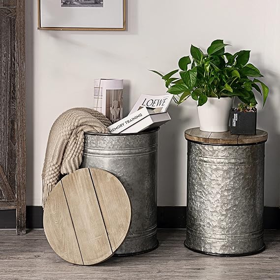 Amazon.com: oneinmil Rustic End Table with Storage Bins Farmhouse ...