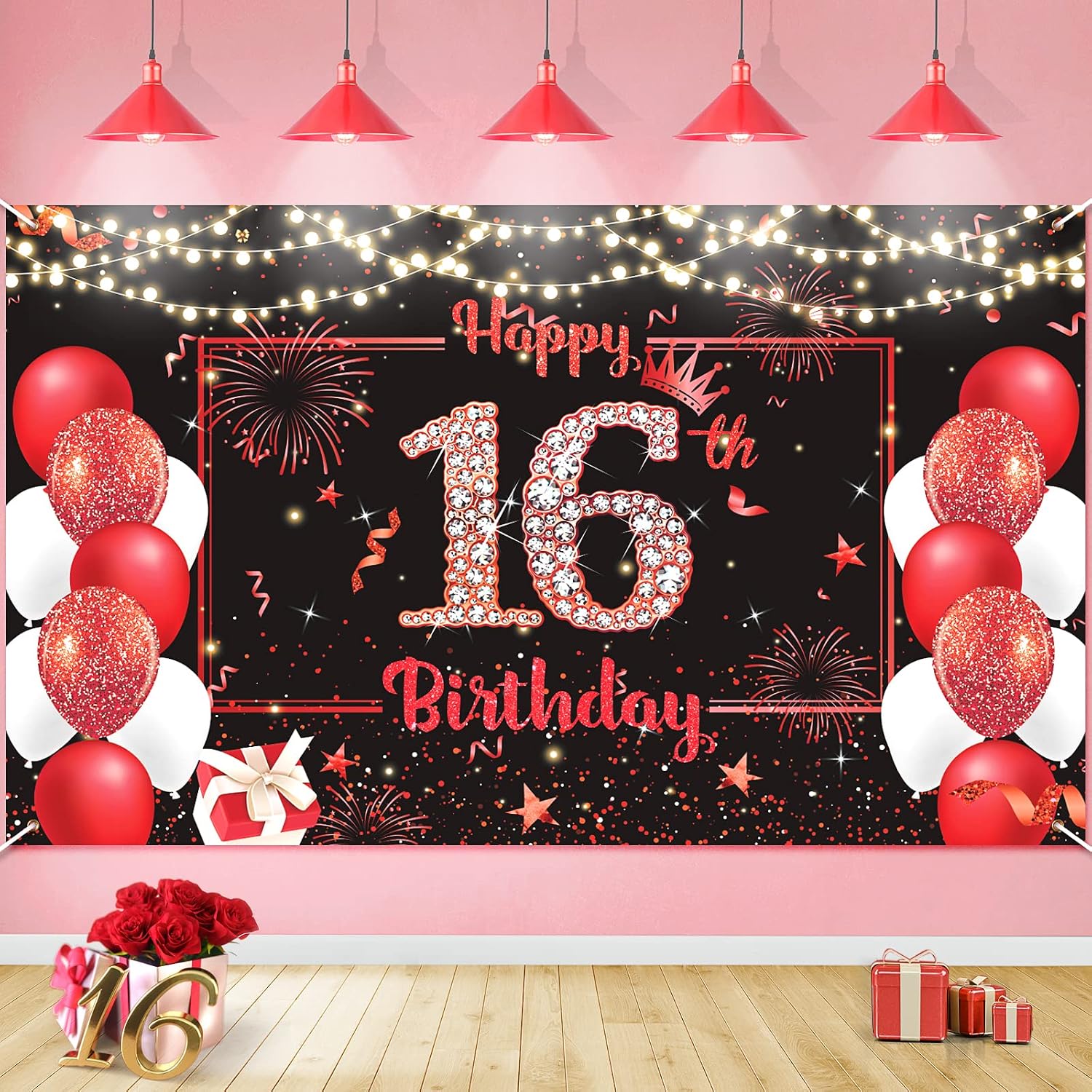 Happy 16th Birthday Banner Decorations Red Black for Girls Boys Large ...