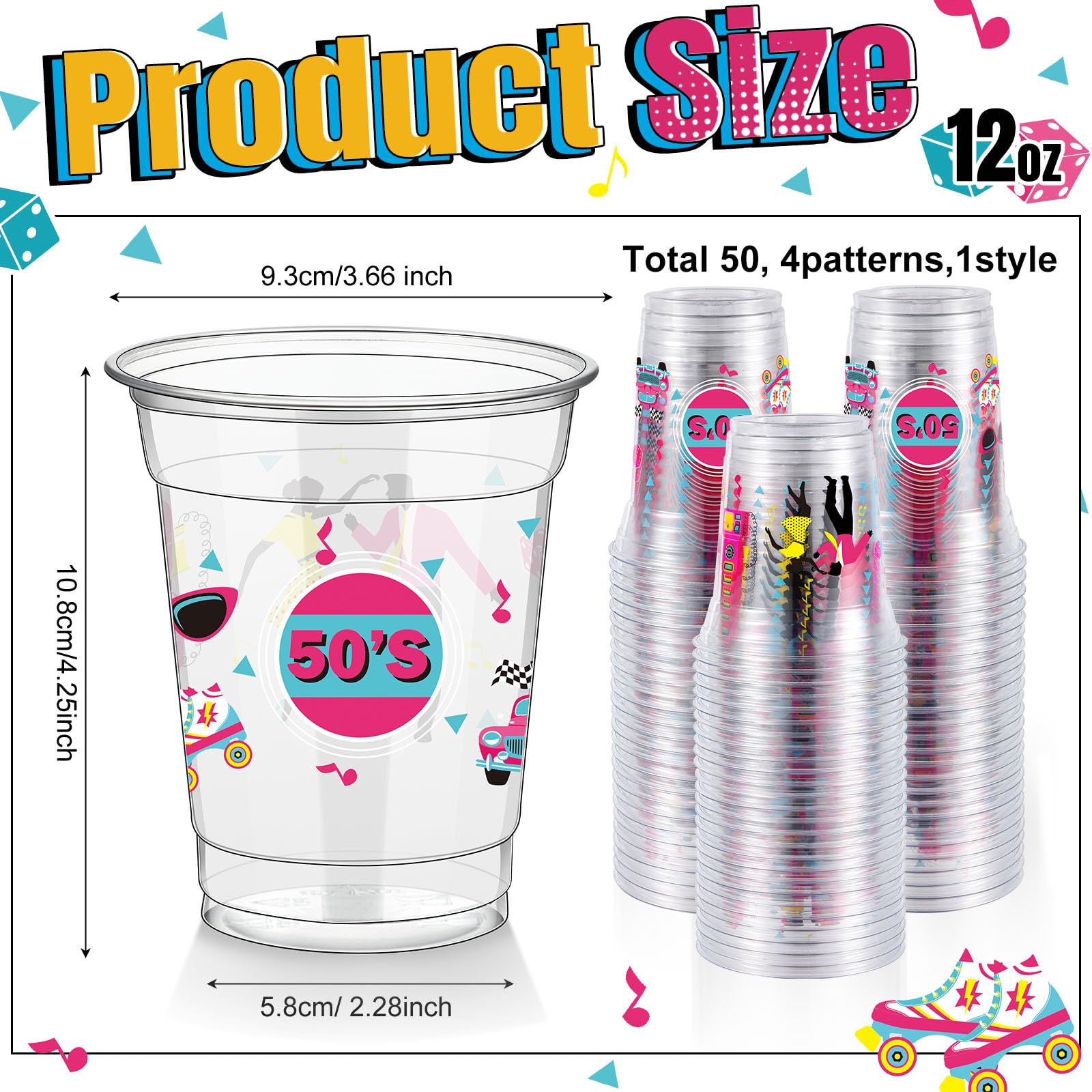 Snapklik.com : FoldTier 50 Pcs 50s Cups 12 Oz Plastic 50s Back To 50s ...