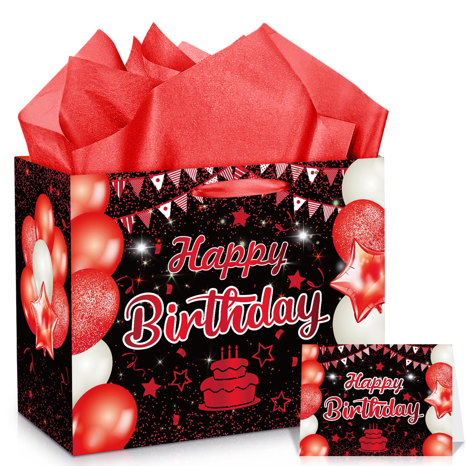 Amazon.com: Red Birthday Gift Bag, Large Red Black Happy Birthday Gift ...