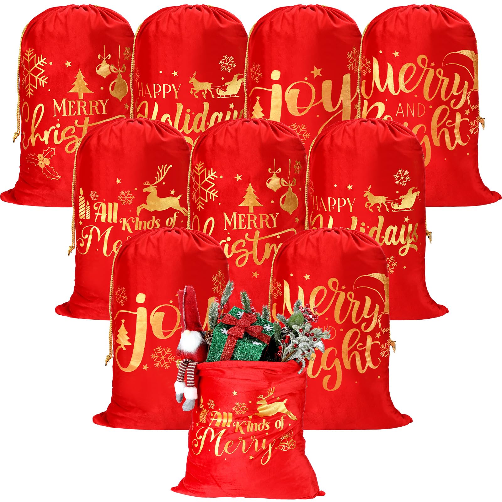 Paterr 10 Pcs Large Christmas Red Velvet Santa Claus Bags with ...