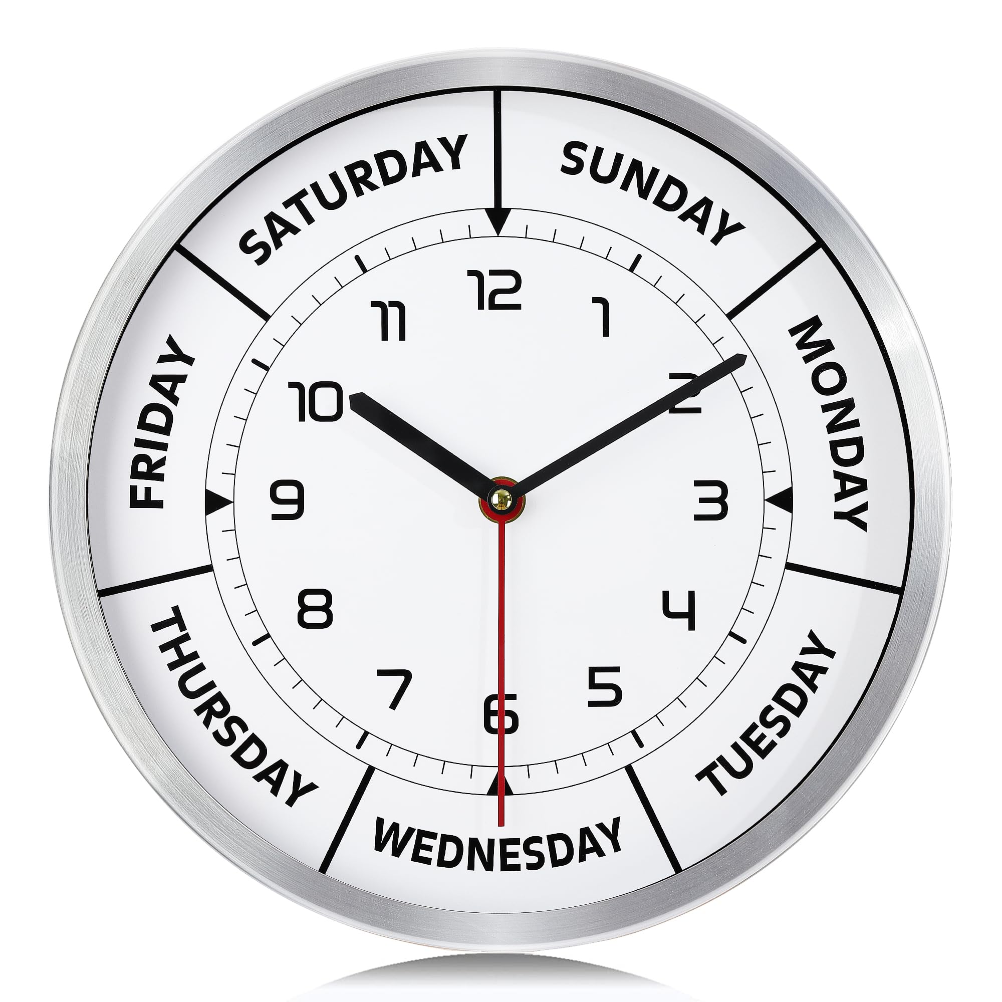 Lafocuse Silent Metal Days of The Week Wall Clock, Silver Unique Day ...