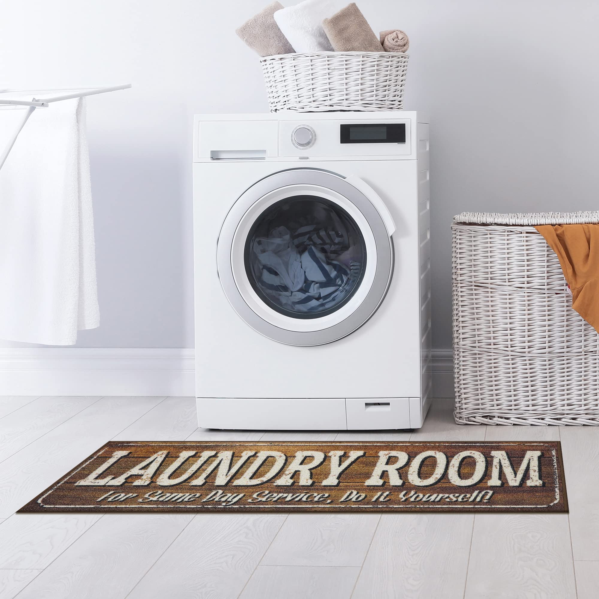 Machine Washable Text Design Laundry Room Rug Non-Slip Rubberback 2x5 ...