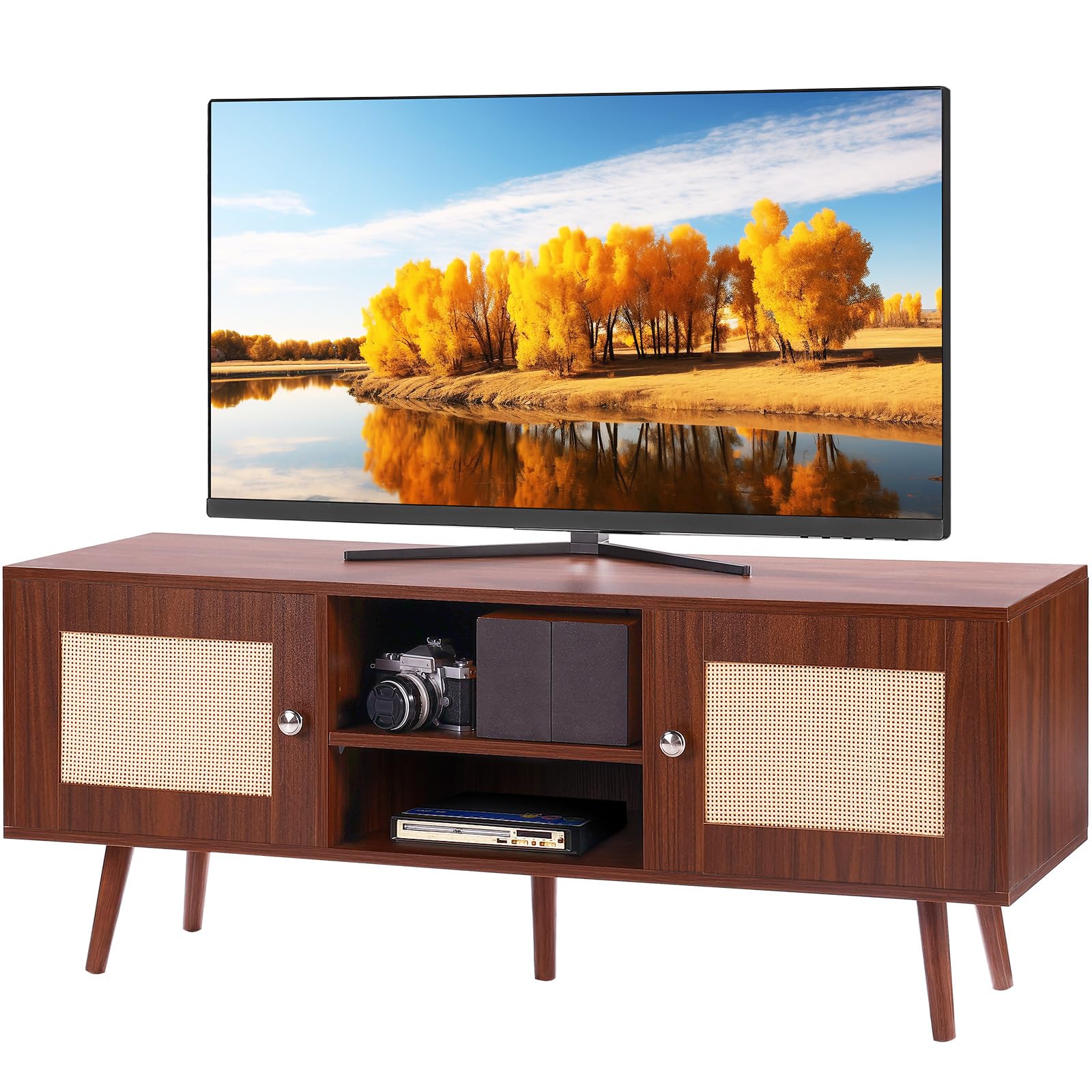 Amazon.com: VEVOR Rattan TV Stand, Boho TV Cabinet for 55 inch TV, Mid ...