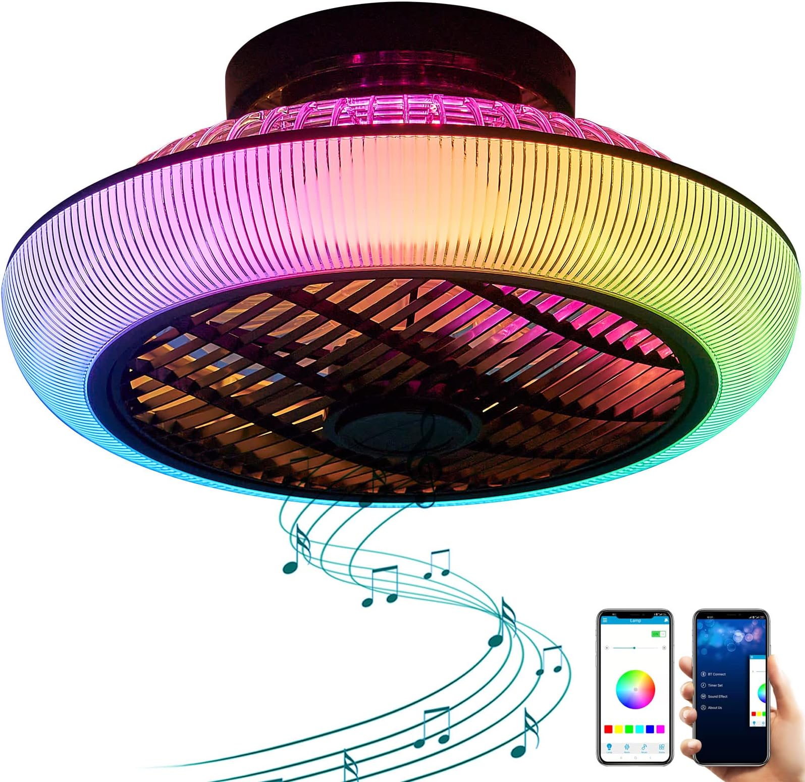 Liokoc Modern Ceiling Fan with RGB LED Lighting Remote - Low Profile ...