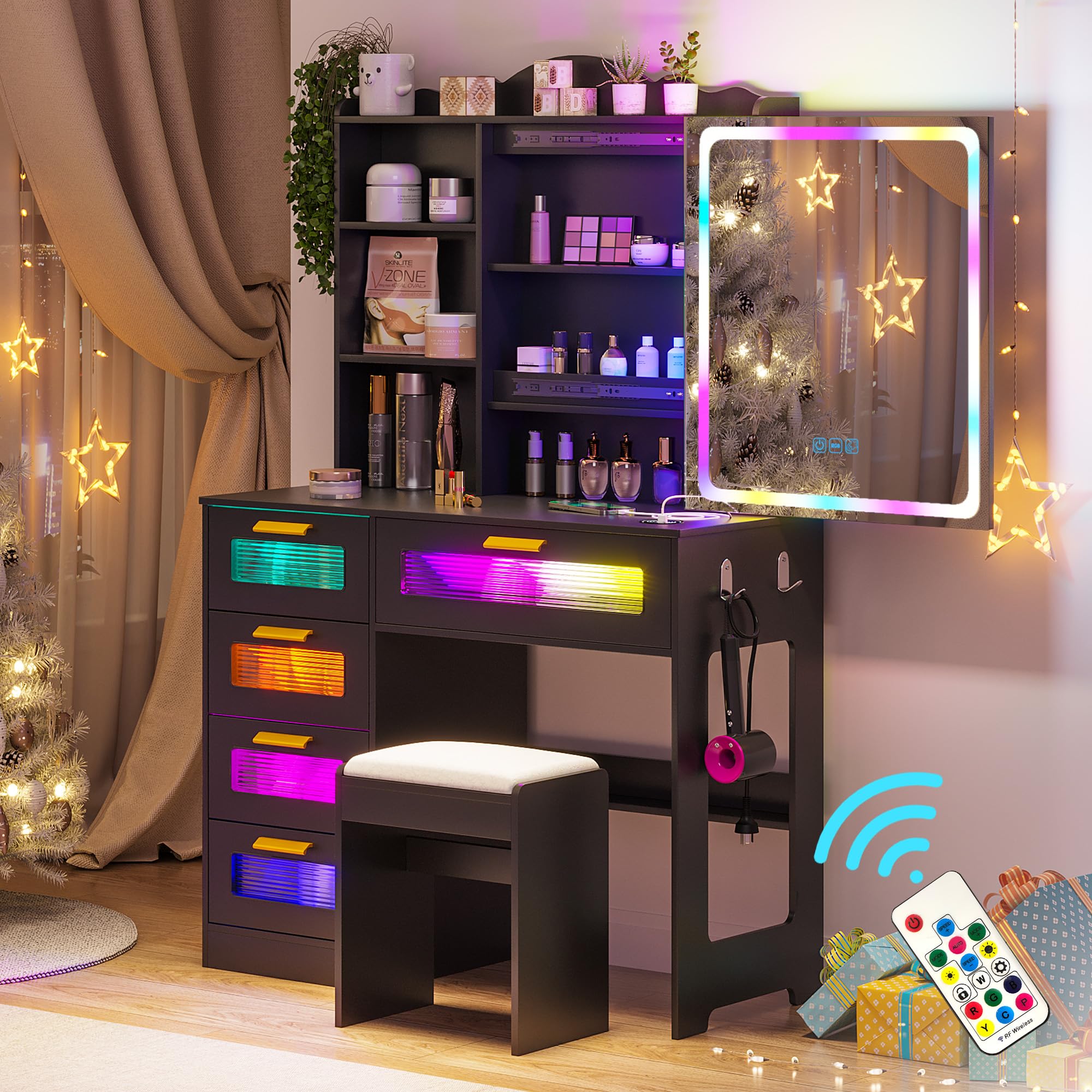 Amazon.com: WOOVIVS Vanity Desk with Lights and Sliding Vanity Mirror ...