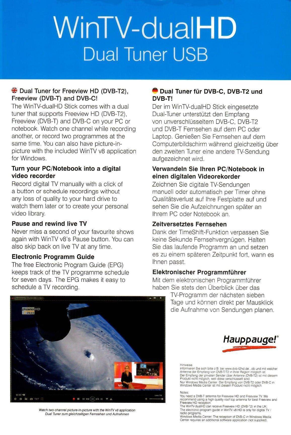 Hauppauge WinTV DualHD TV Stick with Remote Control Number Tuner 2 ...