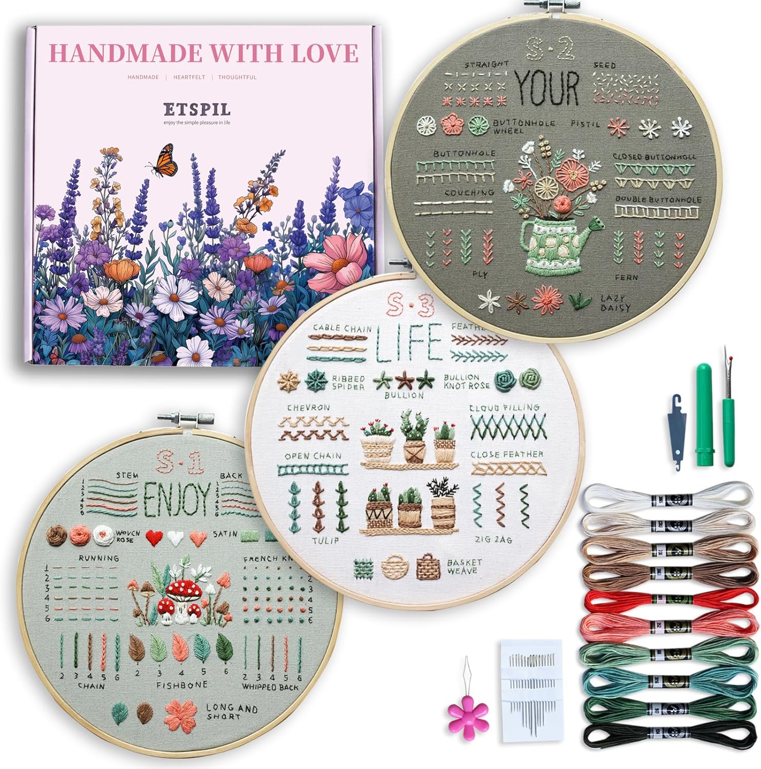 ETSPIL 3 Sets Embroidery Kit for Beginners ，Plant Kits for Adults Learn ...