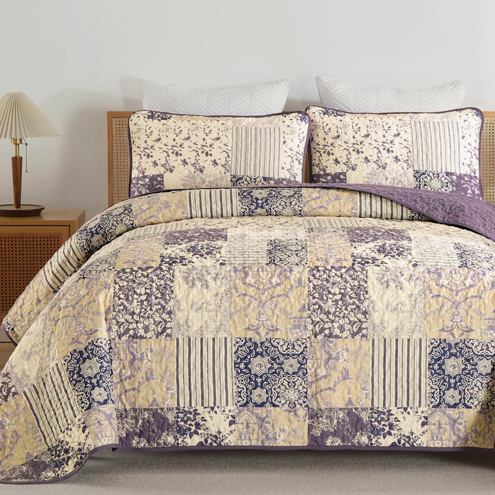 Amazon.com: Drucon Patchwork Quilt Set King Size,Purple Floral Plaid ...