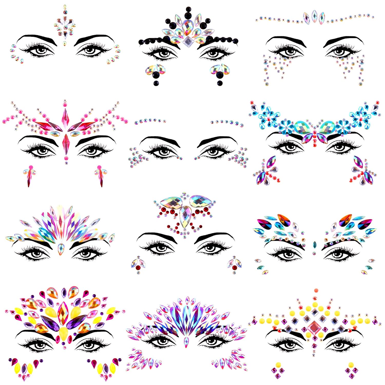 Amazon.com : SIQUK 12 Sets Face Gems Mermaid Face Jewels Rave Face ...