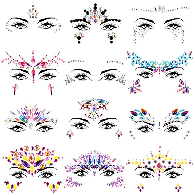 Amazon.com : SIQUK 12 Sets Face Gems Mermaid Face Jewels Rave Face ...