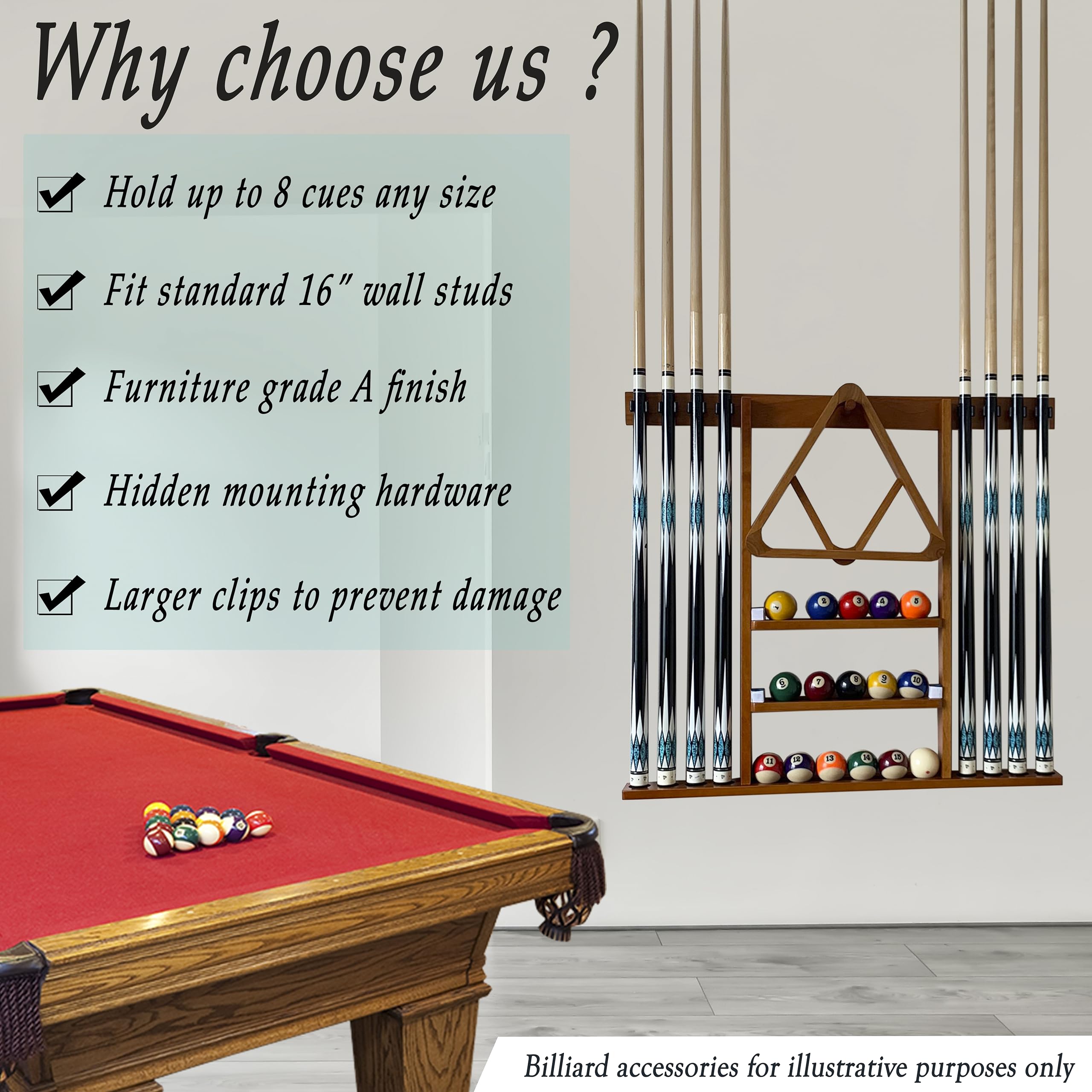 GACCO BILLIARDS Pool Cue Stick Holder Wall Mount, Pool Cue Holder ...