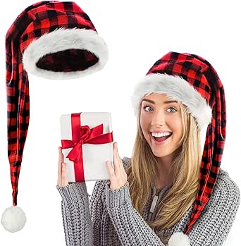 Amazon.com: algpty Long Santa Hat for Adult | Red Buffalo Plaid ...
